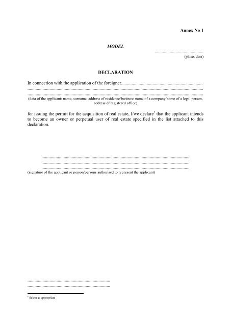 Annex No 1 MODEL .......................................... DECLARATION ...