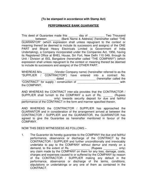 PERFORMANCE BANK GUARANTEE This deed of Guarantee ...