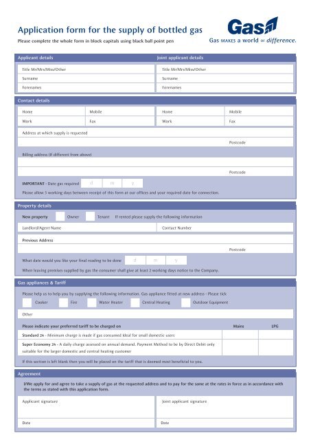 Application form for the supply of bottled gas - Jersey Gas