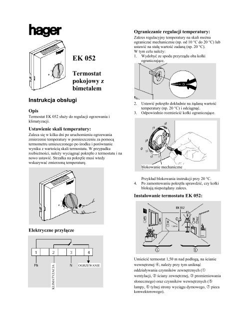 EK 052 Termostat pokojowy z bimetalem - Hager
