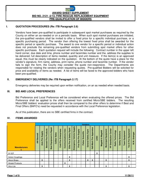 AWARD SHEET SUPPLEMENT BID NO. 2121 ... - Miami-Dade Portal