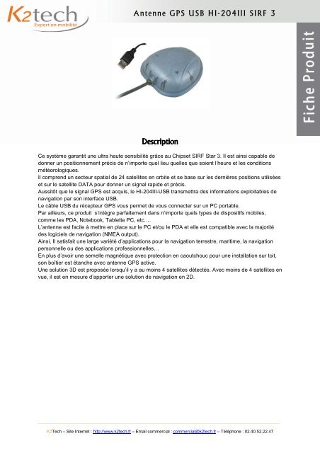 Antenne GPS USB HI-204III SIRF 3 Description Description - K2tech