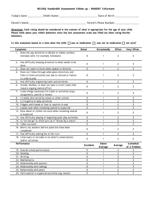 ADHD Assessment Follow-up Parent - Memorial Medical Group