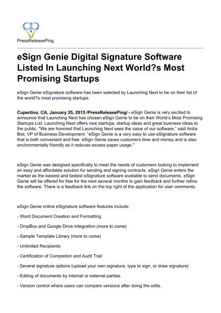 eSign Genie Digital Signature Software Listed In Launching Next World’s ...