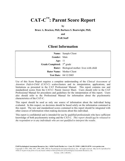 CAT-C Score Report - Psychological Assessment Resources, Inc.
