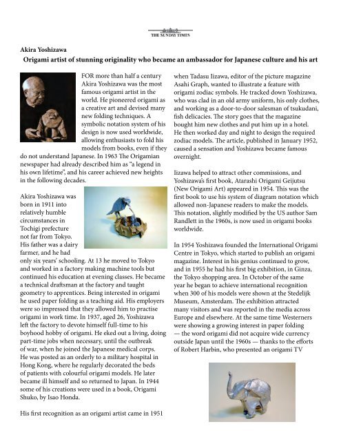 Akira Yoshizawa Origami Artist Of Stunning Originality ... - Eric Joisel