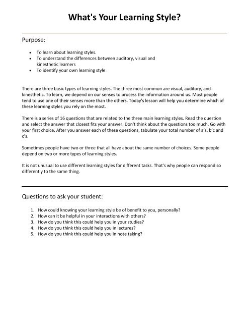 What's Your Learning Style? - School on Wheels