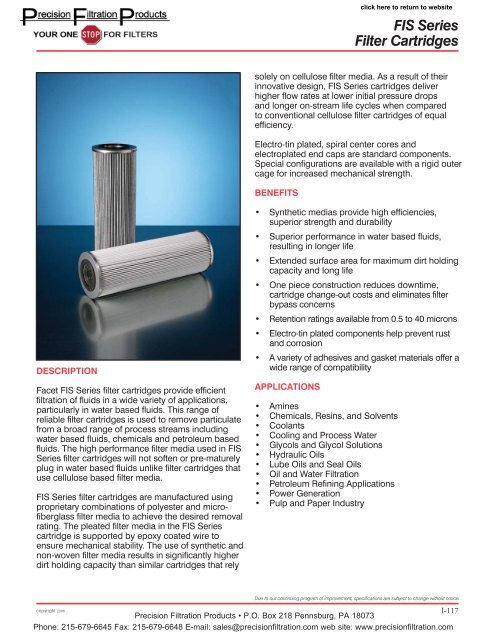 Facet FIS Series Filter Cartridges - Precision Filtration Products