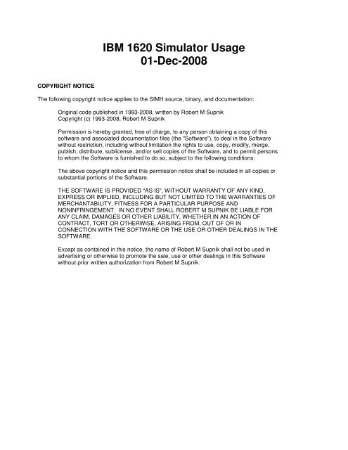 IBM 1620 Simulator Usage 01-Dec-2008 - SimH