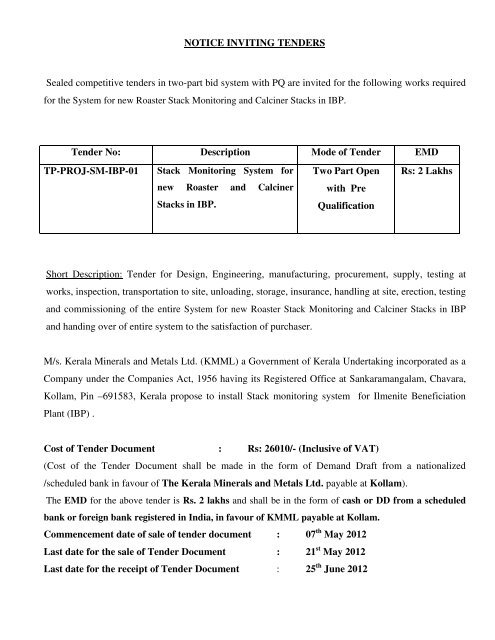 NOTICE INVITING TENDERS Sealed competitive tenders in two-part ...