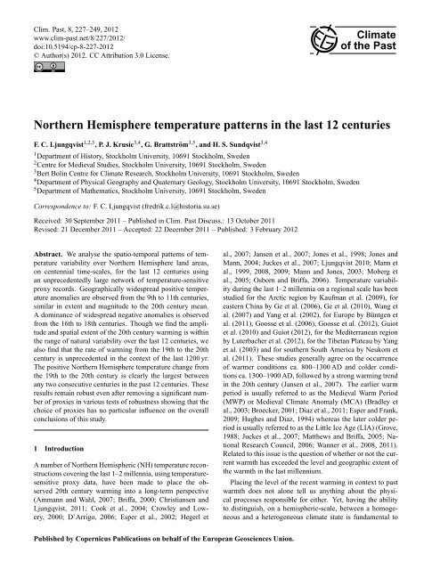Northern Hemisphere temperature patterns in ... - Climate of the Past