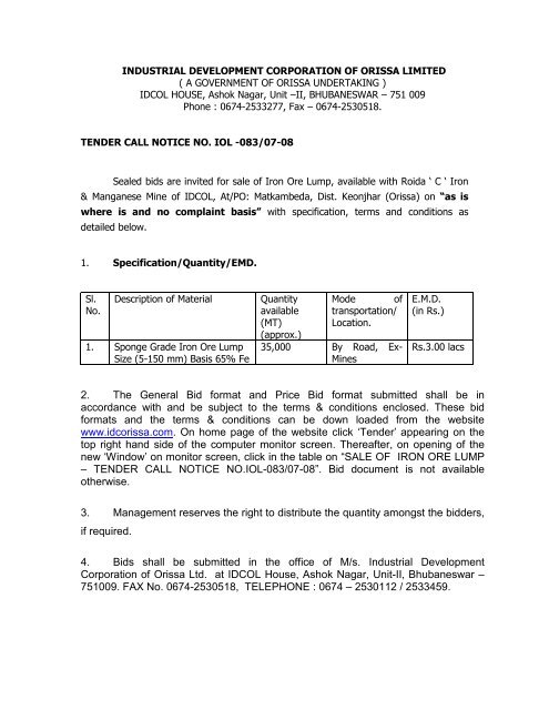 2. The General Bid format and Price Bid format submitted ... - Tender
