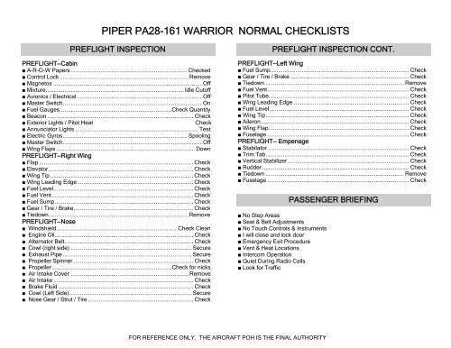 piper pa28-161 warrior normal checklists - Shoreline Flying Club