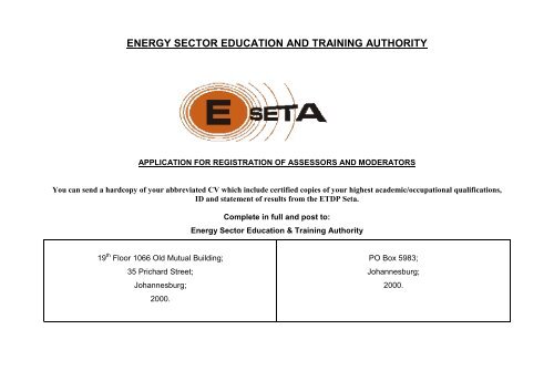 Application for Registration as an Assessor or Moderator - ESETA