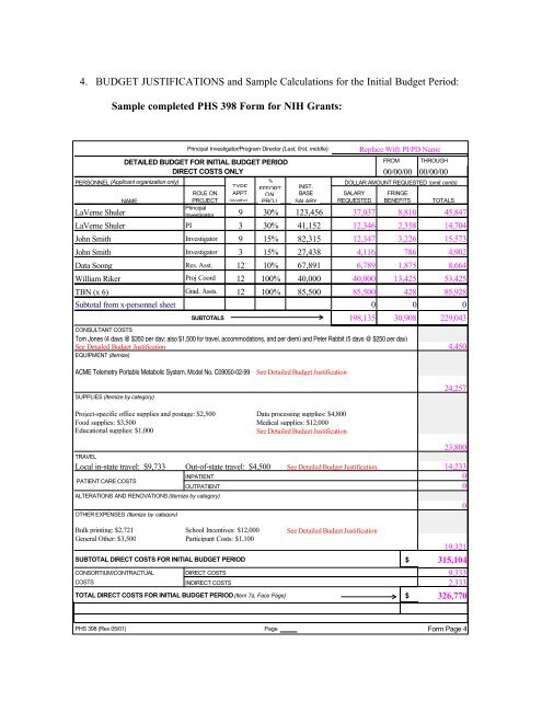 Sample Completed PHS 398 Form For NIH Grants