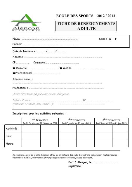 Fiche de renseignement adulte et autorisation parentale. - Alençon