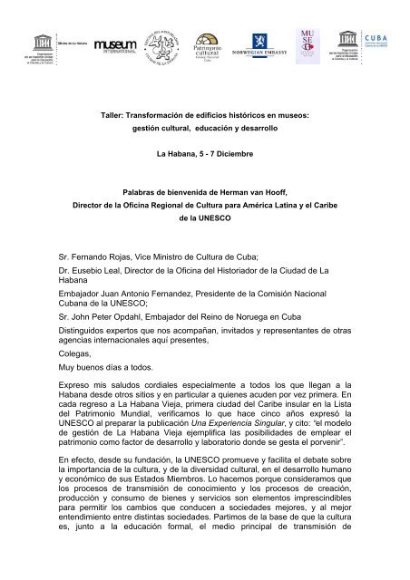 Palabras de Herman van Hooff, Director de la Oficina Regional de ...