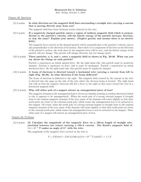 Homework Set 5: Solutions Due: Friday, October 1, 2010 Chapter 20 ...