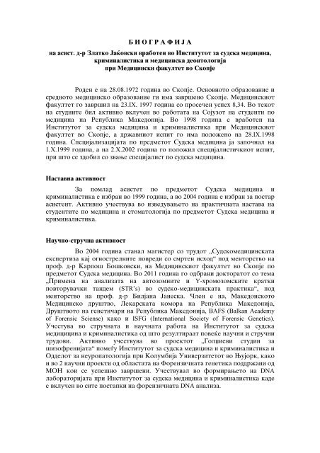 BIOGRAFIJA na asist. d-r Zlatko Ja}ovski vraboten vo Institutot za ...