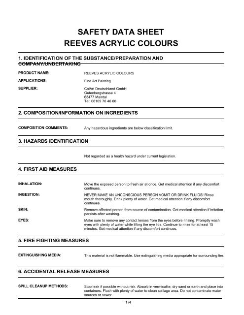 safety data sheet reeves acrylic colours - Mondo Artista