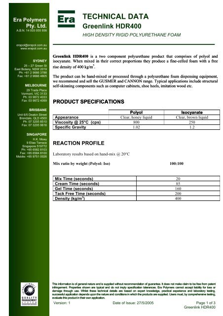 Greenlink HDR400 TECHNICAL DATA - Era Polymers