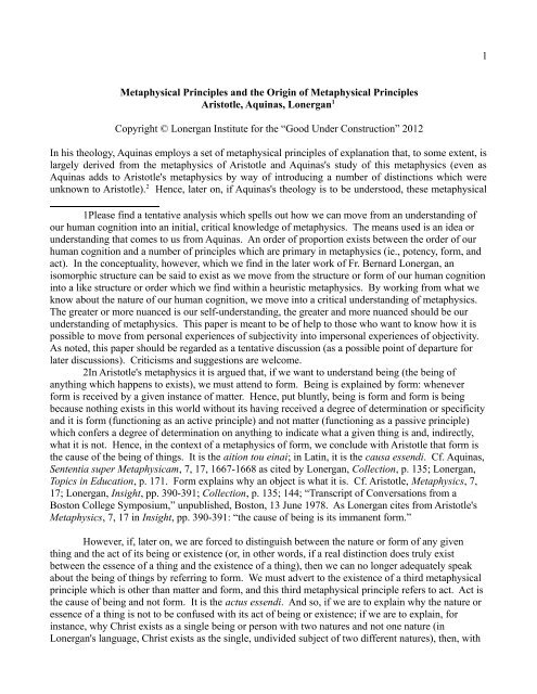 Origin of Metaphysical Principles - The Lonergan Institute