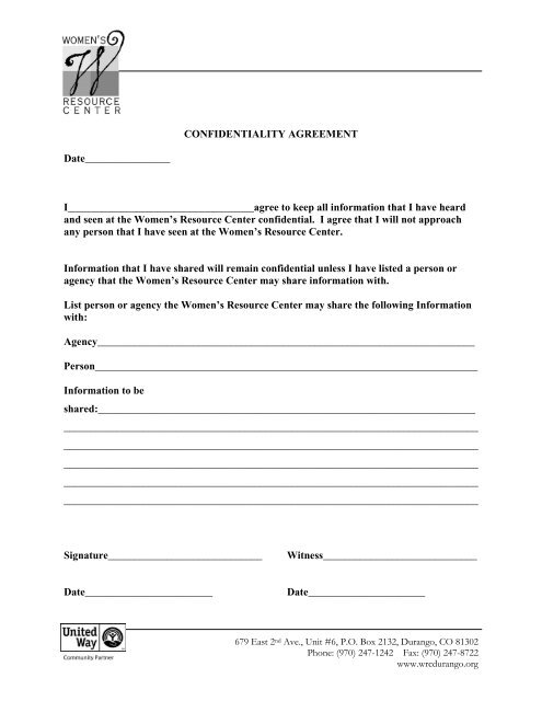 Confidentiality Agreement - Women's Resource Center