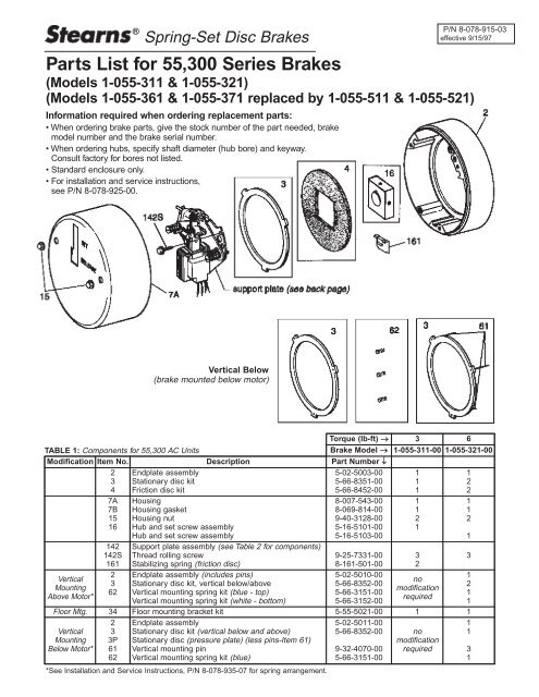 Parts List for 55 300 Series Brakes Stearns Rexnord