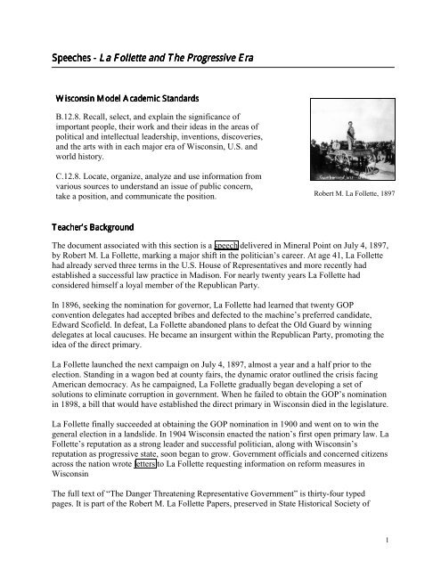 Speech Lesson plan for La Follette and the Progressive Era