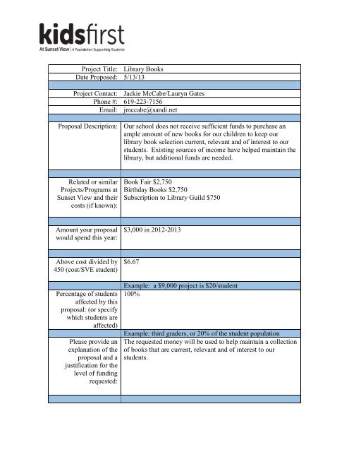 Project Title: Library Books Date Proposed - Kids First Sunset View ...