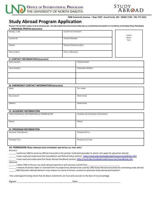 UND Study Abroad Application Form