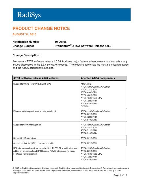 PRODUCT CHANGE NOTICE - Radisys