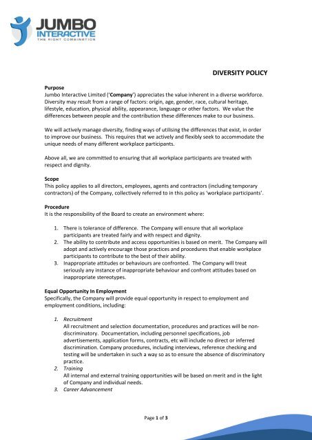 Diversity Policy - Jumbo Interactive Ltd