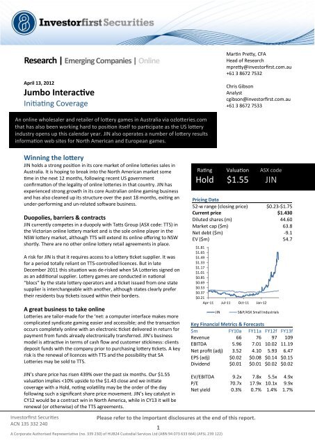 Jumbo Interactive Hold $1.55 JIN - Jumbo Interactive Ltd