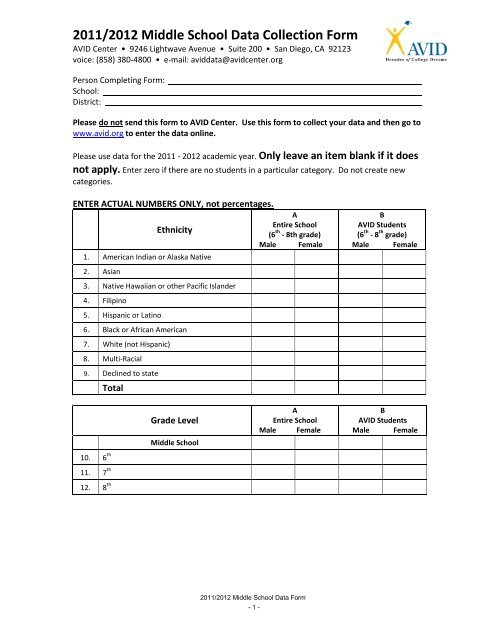 Middle School Data Collection Form