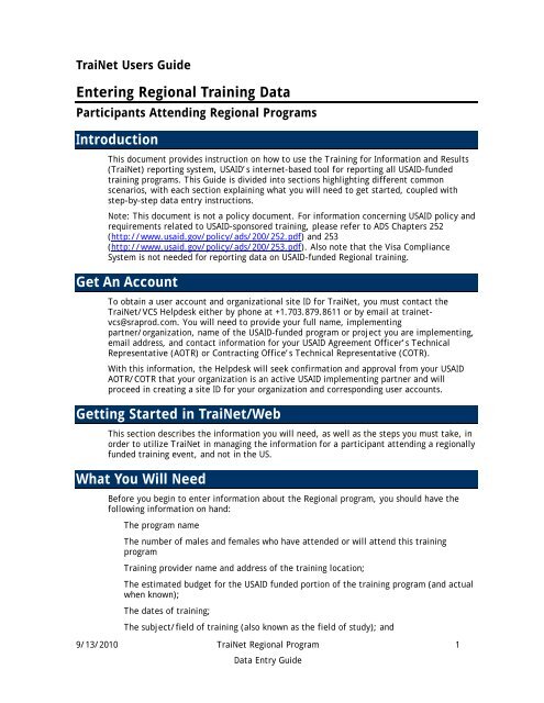 Regional Program Data Entry Guide