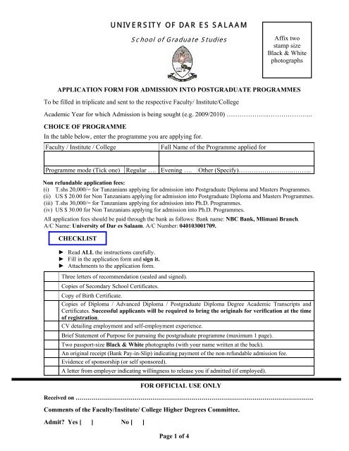 application form for admission - University of Dar es salaam