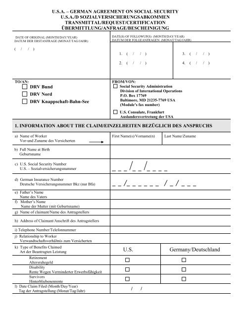 U.S. Germany/Deutschland - Social Security