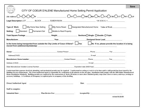 City of Coeur d'Alene Residential Permit Application - CDA Building ...