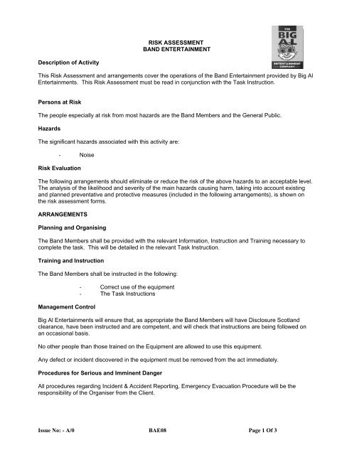 Risk Assessment - Band Entertainment - The BIG AL Entertainment ...