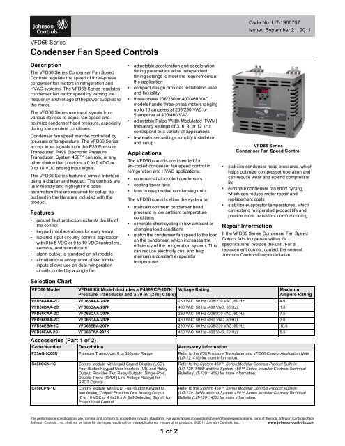 Condenser Fan Speed Controls - Johnson Controls - Johnson ...