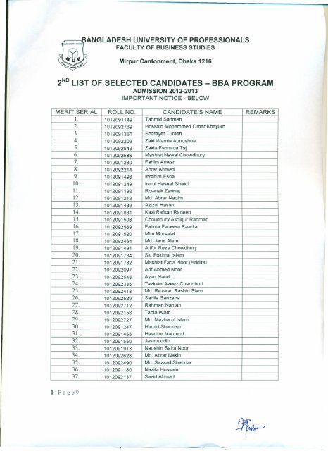 BBA Admission Final Result-2nd merit list. - BUP