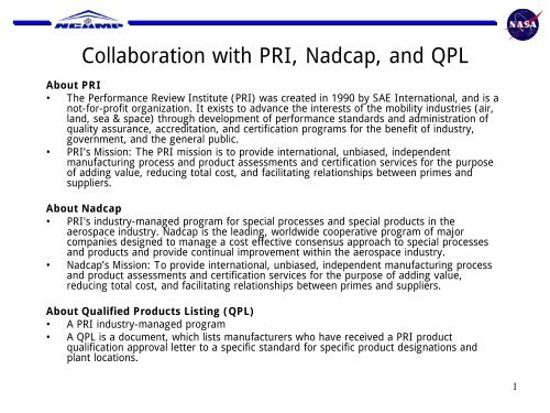 Collaboration with PRI, Nadcap, and QPL