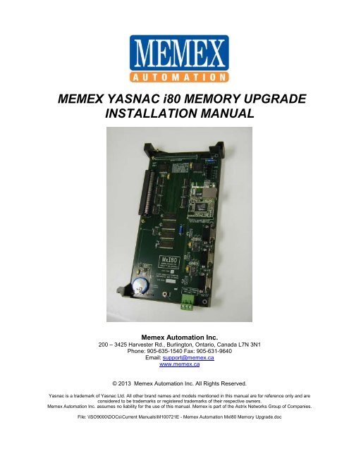 Yasnac i80 Memory Upgrade Manual - Memex Automation