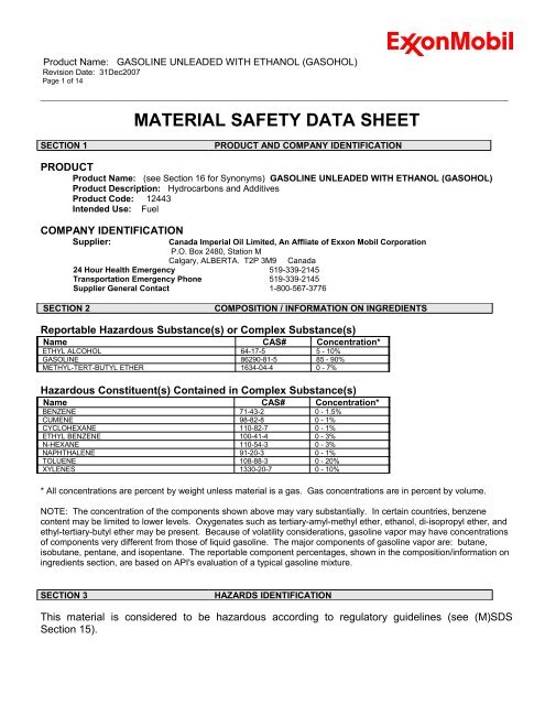 Exxon Mobil Gasoline, Unleaded with Ethanol - John Ray & Sons