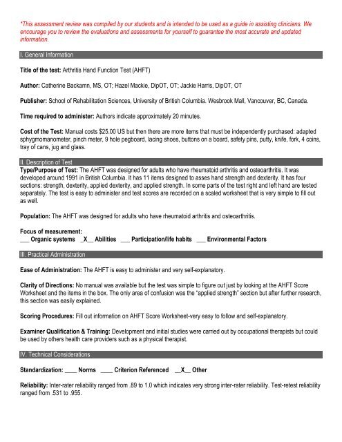 Arthritis Hand Function Test (AHFT)