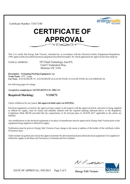 CERTIFICATE OF APPROVAL - Australian Spa Parts