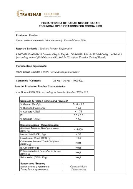 FICHA TECNICA DE CACAO NIBS DE CACAO ... - Transmar Group