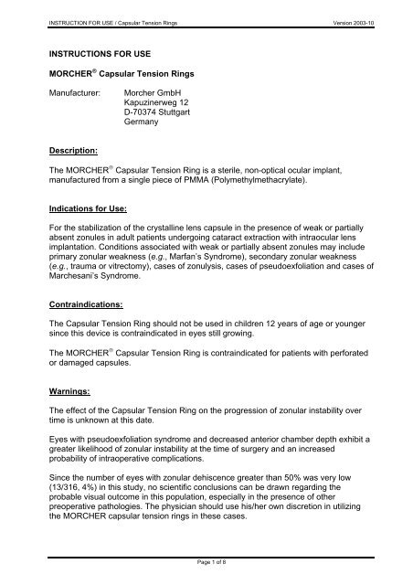 INSTRUCTIONS FOR USE_CTR USA - Morcher GmbH