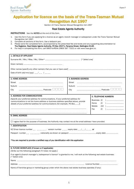 Application pack for trans-tasman mutual recognition arrangement